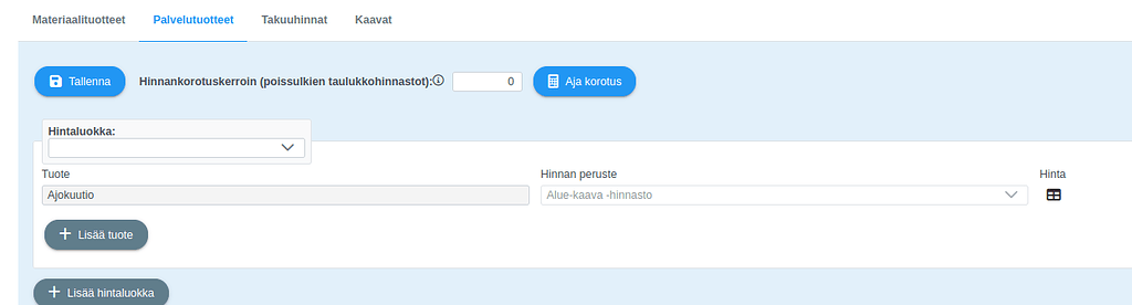 Hinnastot: alue-kaava -hinnoittelu - Zeus - Leanvay